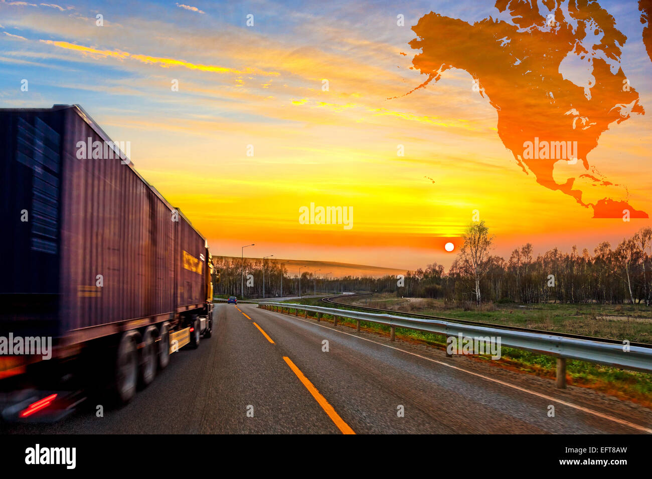 Truck on road and North America map background - shipping travel ...