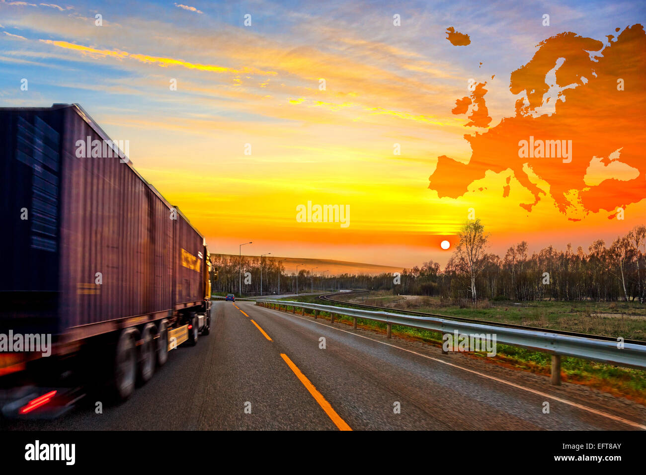 Truck on road on Europe map background - shipping travel concept Stock ...