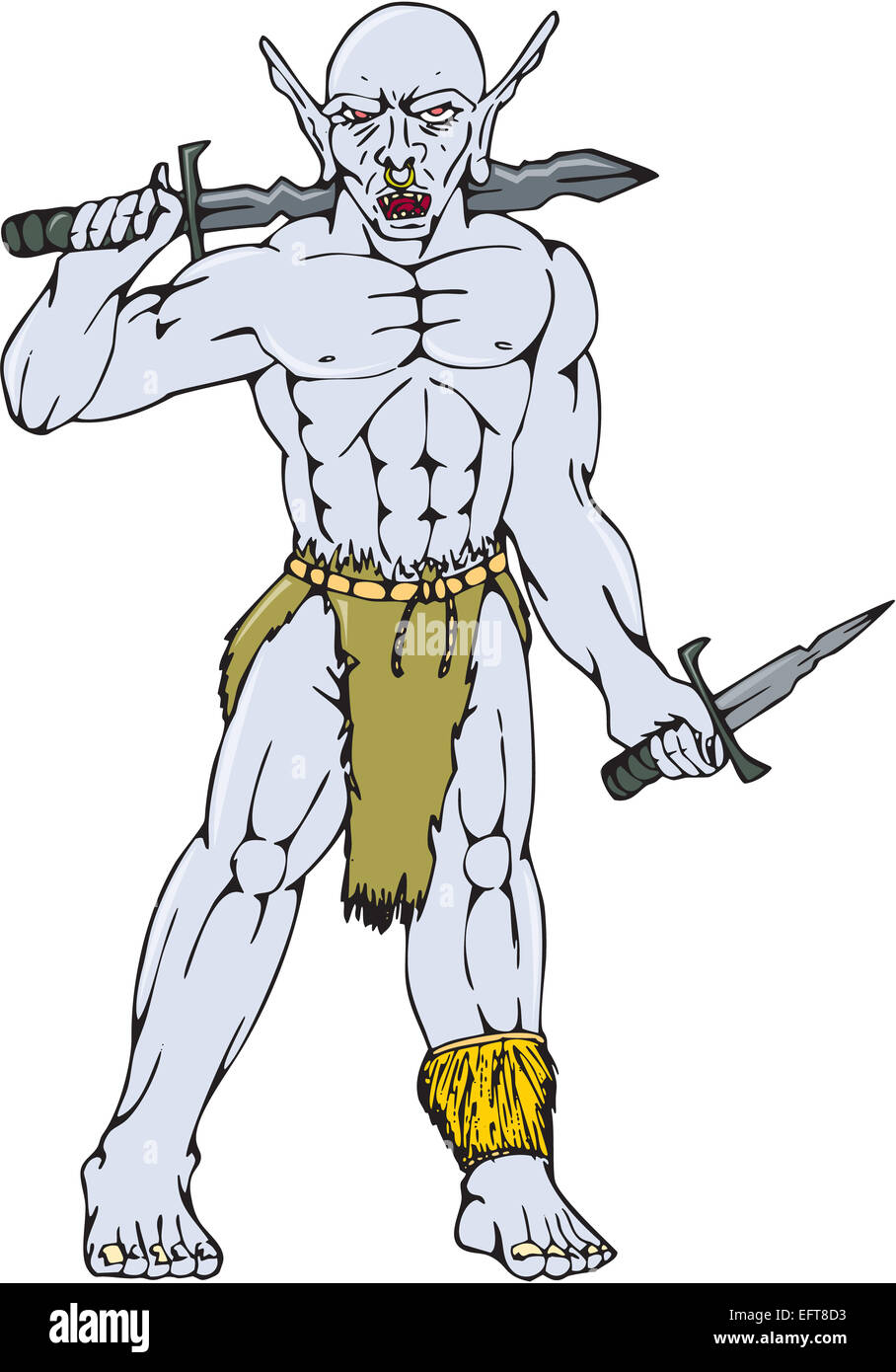 Cartoon style illustration of an orc warrior with nose ring holding a ...