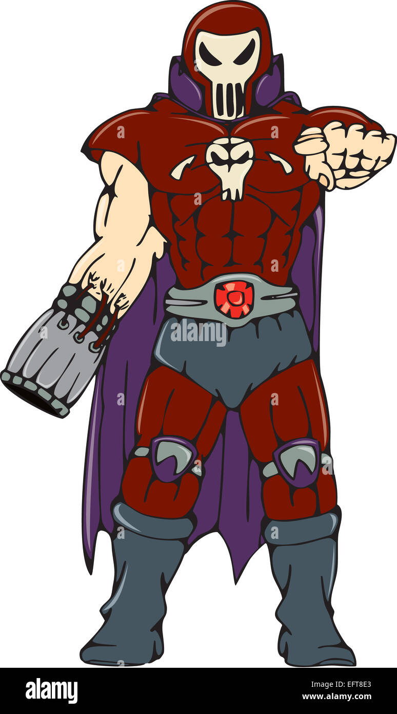 Cartoon style illustration of a skull masked warrior superhero wearing ...