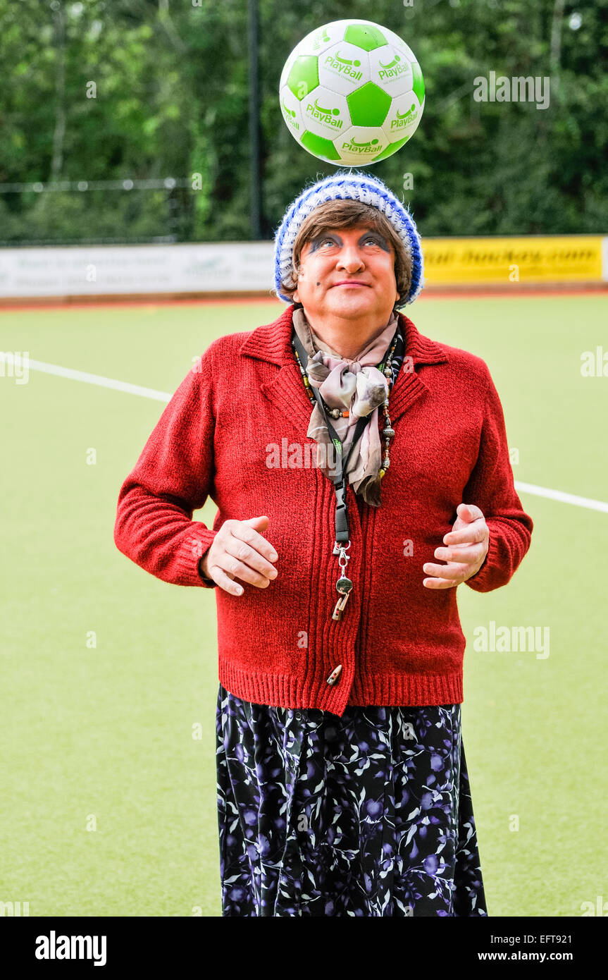 "May McFettridge" (John Linehan), comedian, at a charity football event ...