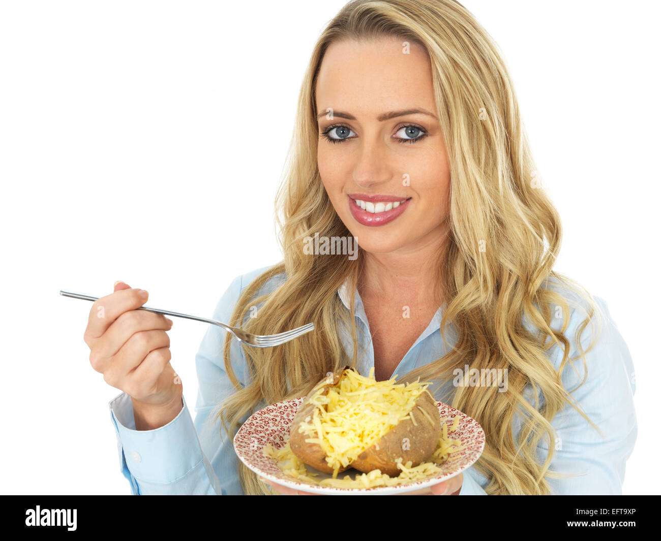 Happy Young Woman Eating A Freshly Baked Jacket Potato Filled With ...