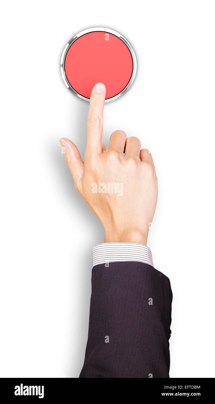 Hand of businessman clicking a red button, top view Stock Photo - Alamy