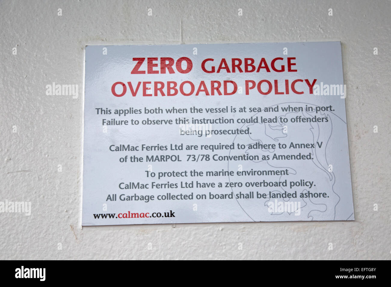 Notice warning zero garbage policy on Calmac ferry UK Stock Photo - Alamy