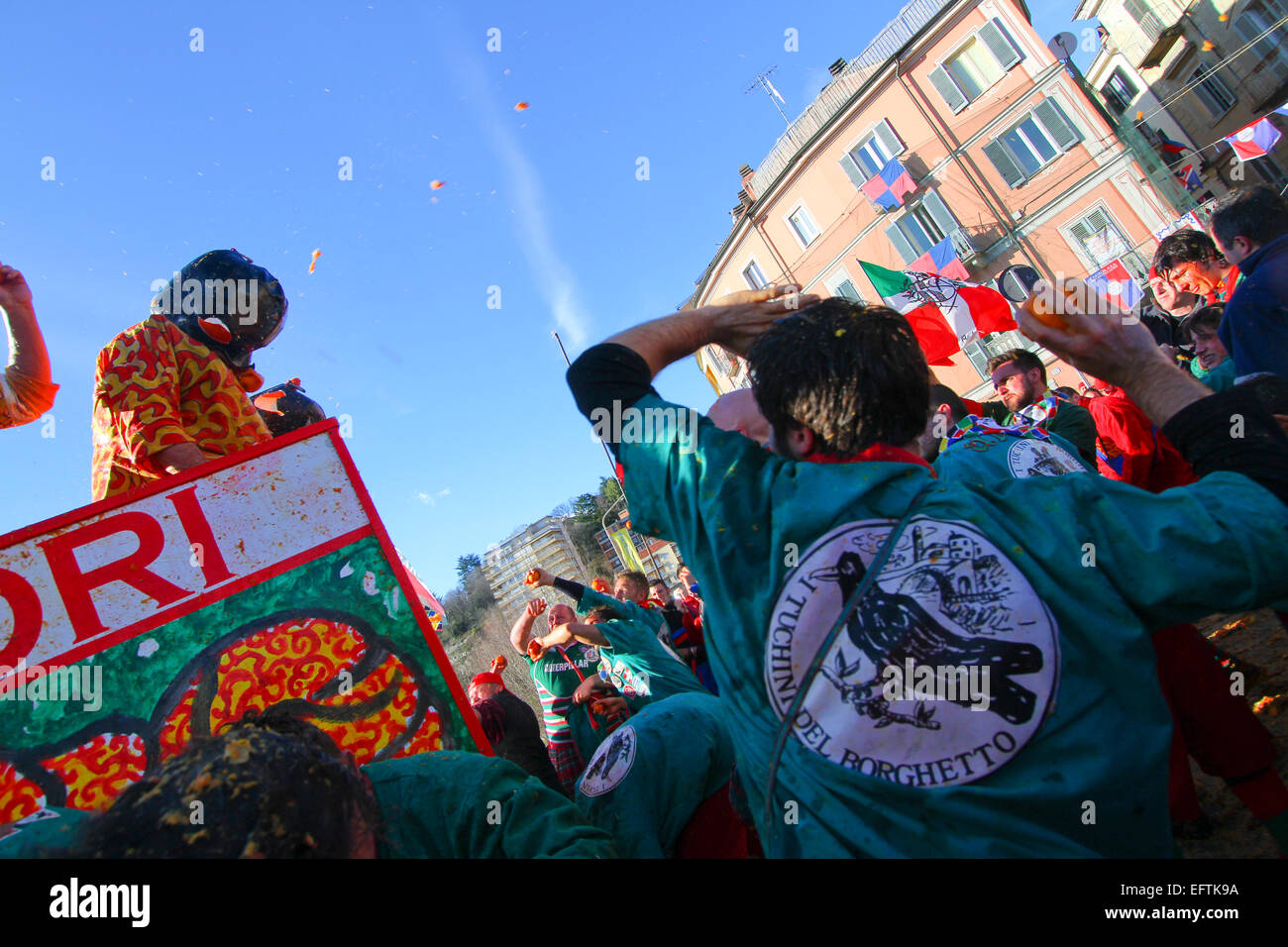 Orange throwers fighting as part of the 'Battle of the Oranges' at the ...