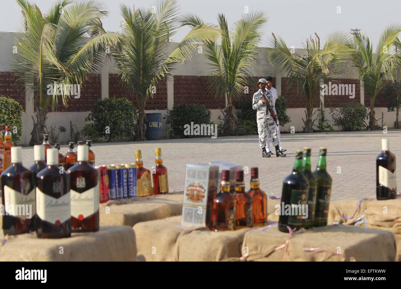 Karachi, Pakistan. 10th February, 2015. Seized liquor which recovered ...