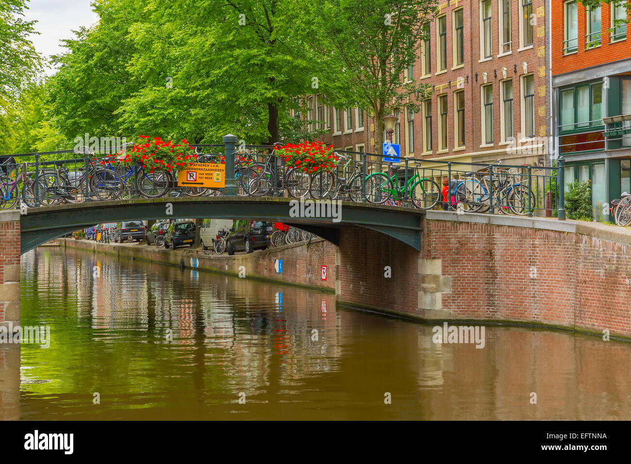 Amsterdam canal and bridge with bikes, Holland, Netherlands Stock Photo ...