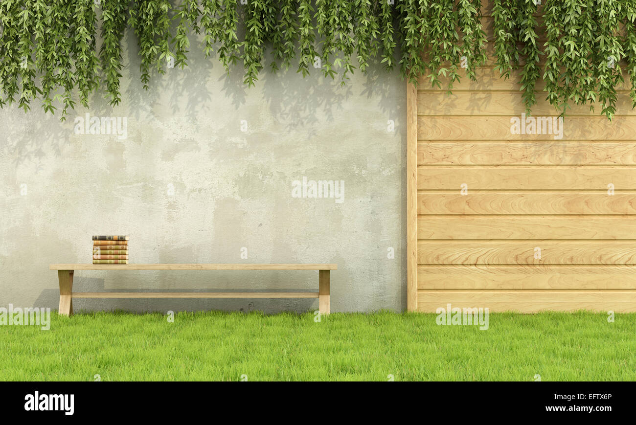 Wooden bench with books in a garden - 3D Rendering Stock Photo - Alamy