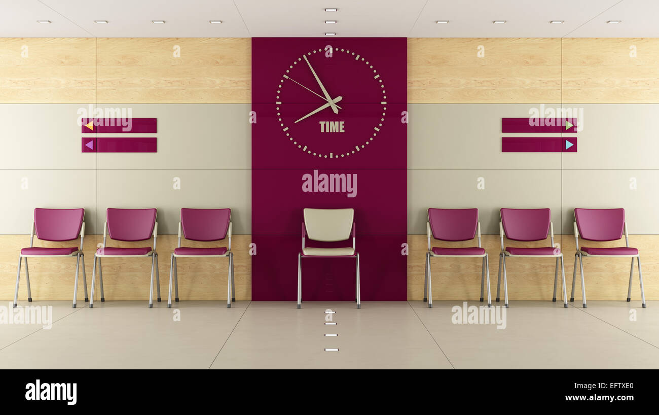 Interior of a waiting room with purple chair,wooden panels and big ...