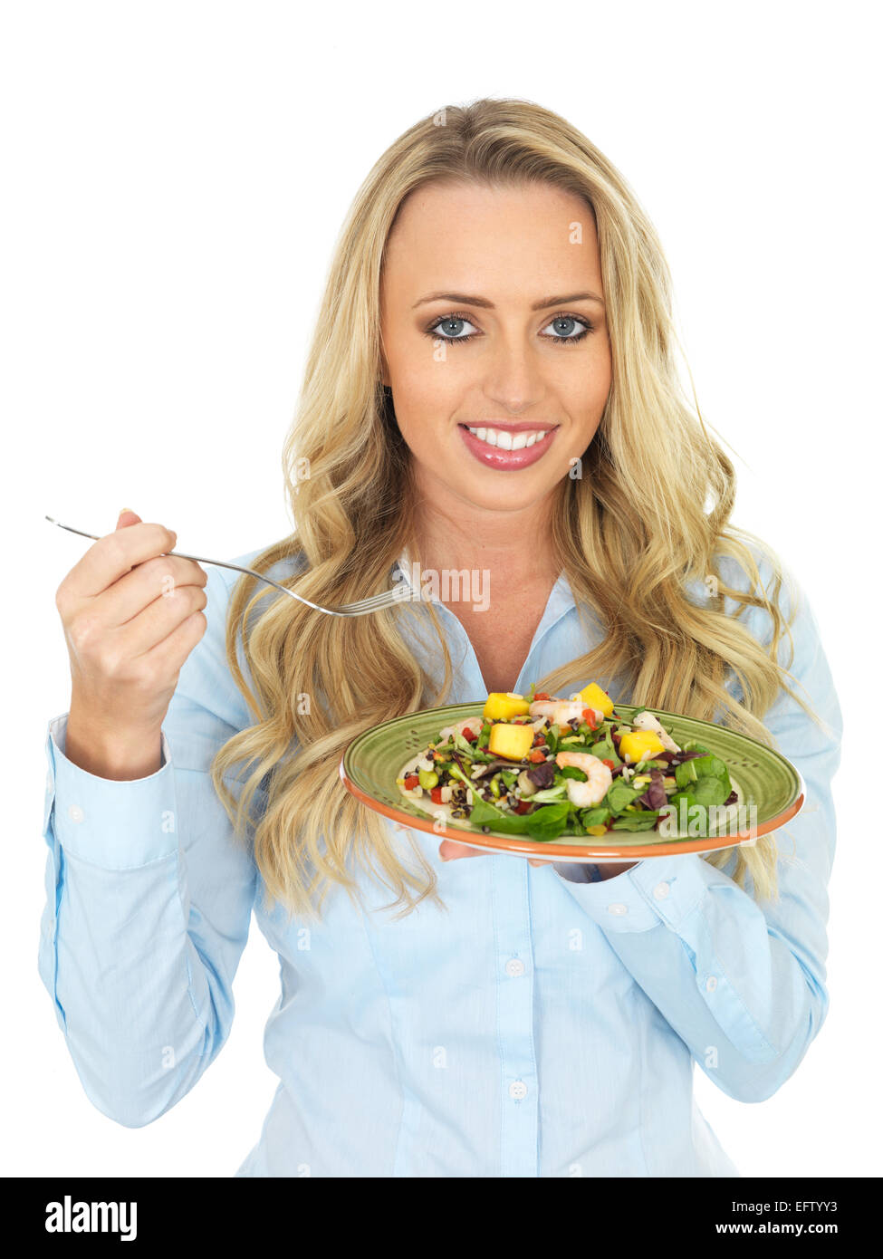 Happy Confident Young Woman Eating A Fresh Prawn Seafood Mixed Summer ...
