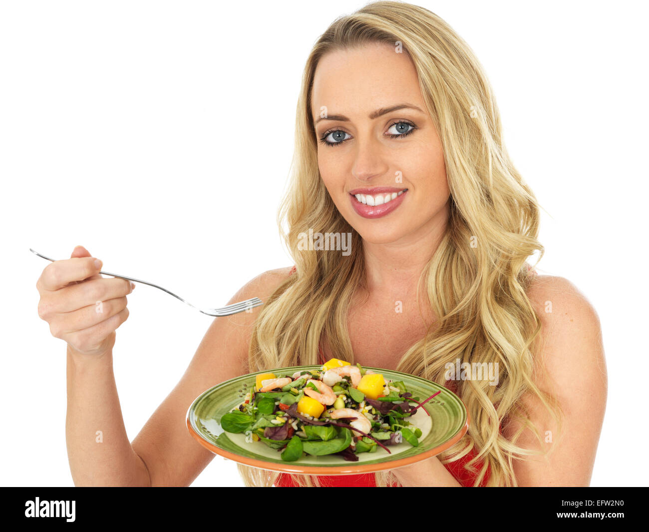Happy Confident Young Woman Eating A Fresh Prawn Seafood Mixed Summer ...