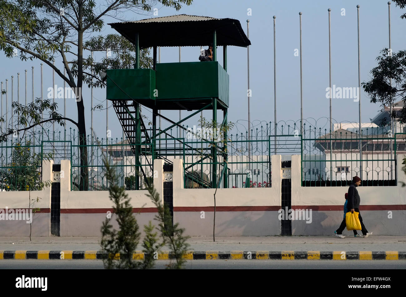 A soldier in a watchtower in the presidential compound in Kathmandu ...