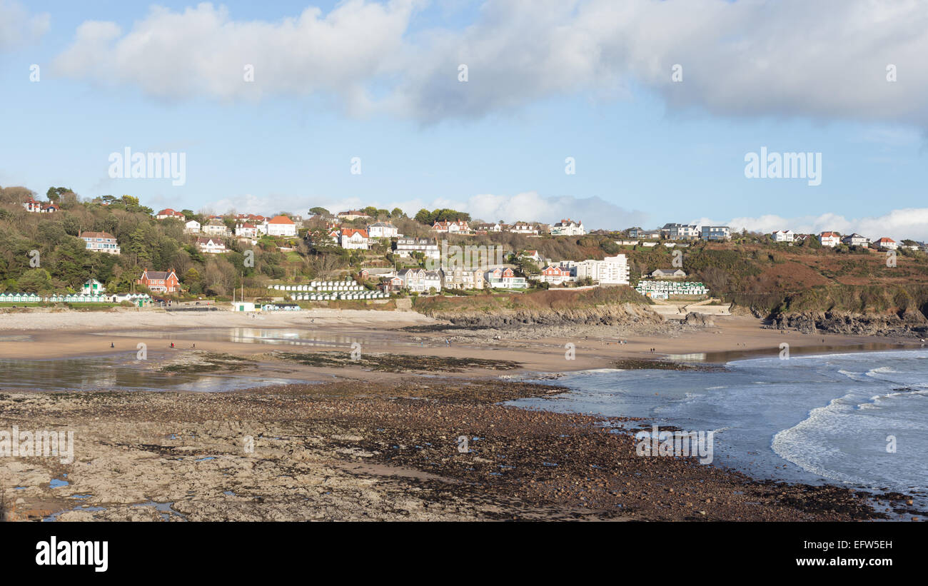 Langland Bay on the South Wales Coast Path at low tide. This is a ...