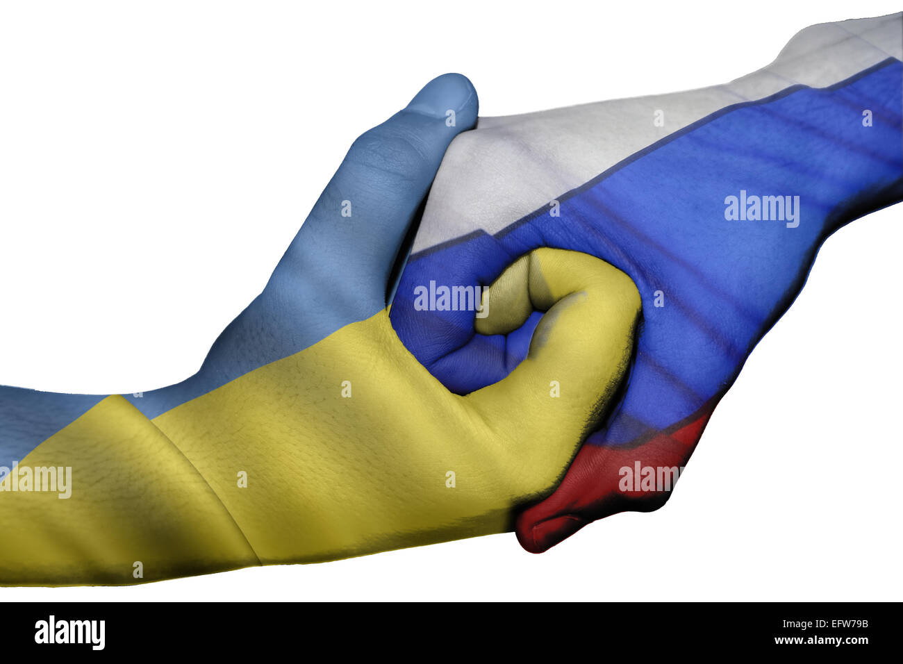 Diplomatic handshake between countries: flags of Ukraine and Russia ...
