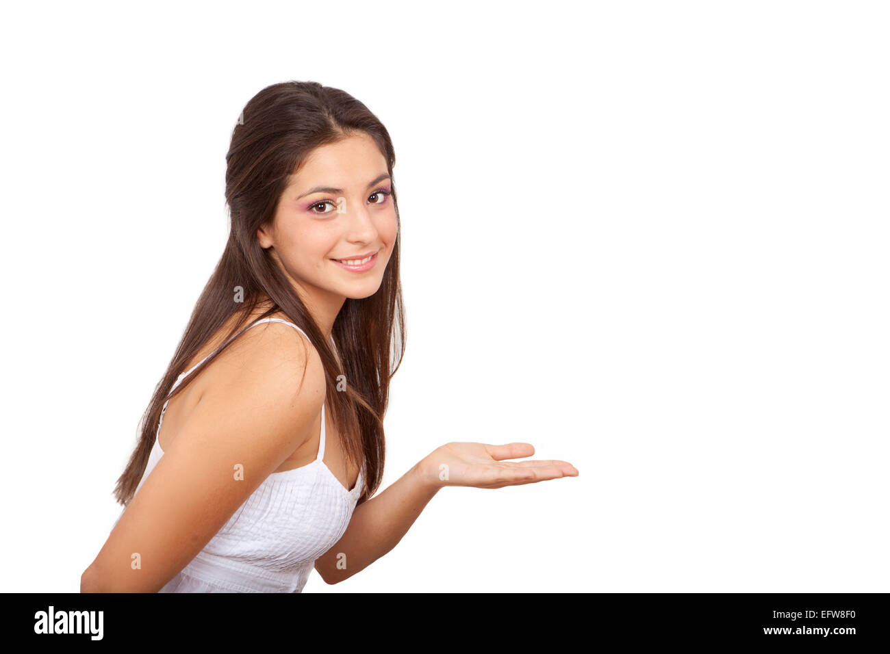 young woman holding out empty hand Stock Photo - Alamy