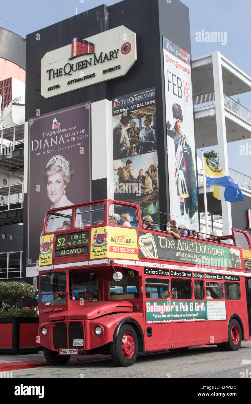 Opened top red British double decker bus outside the Queen Mary Long ...