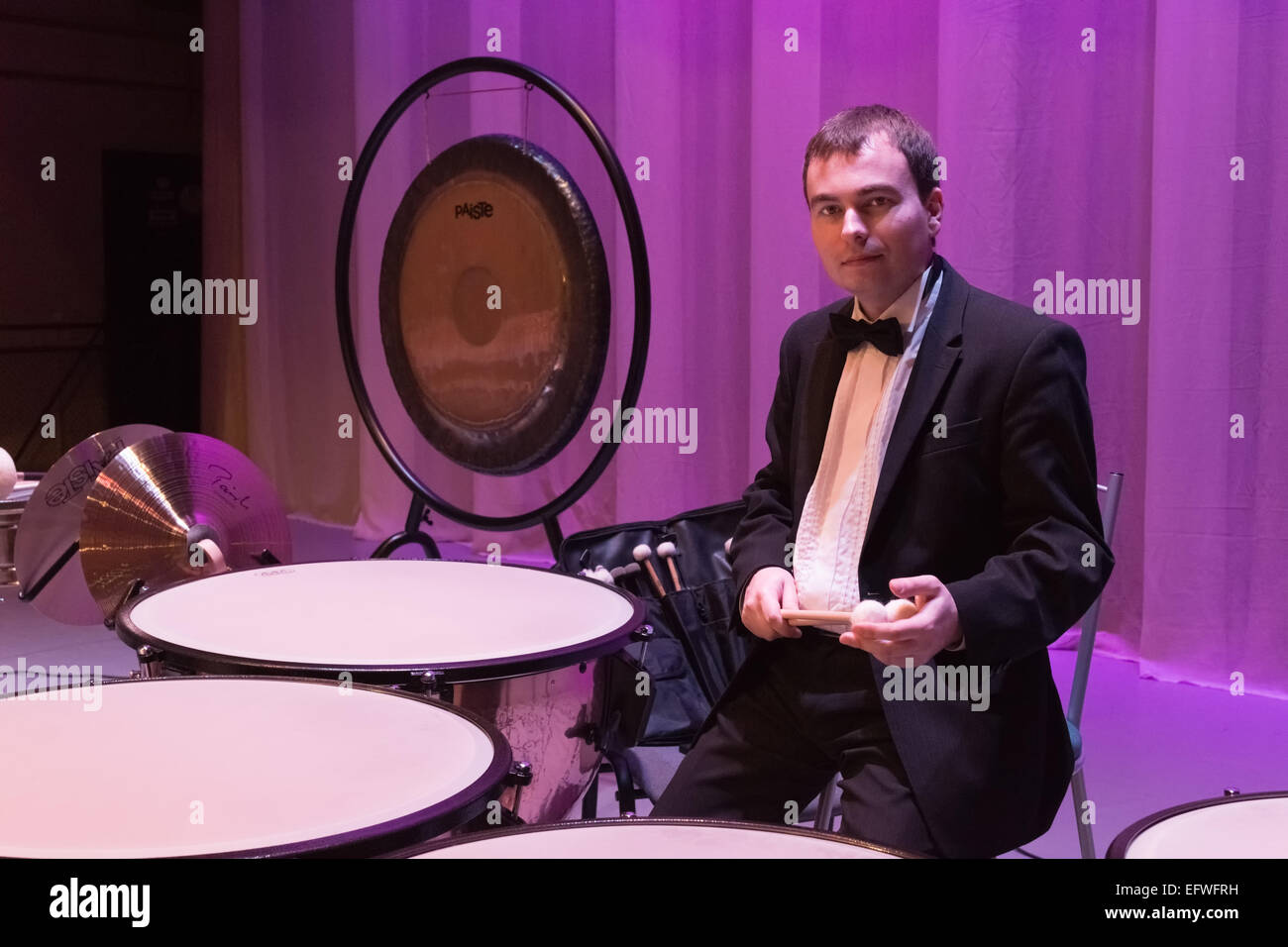 The drummer near the musical instruments to and during a concert Stock ...