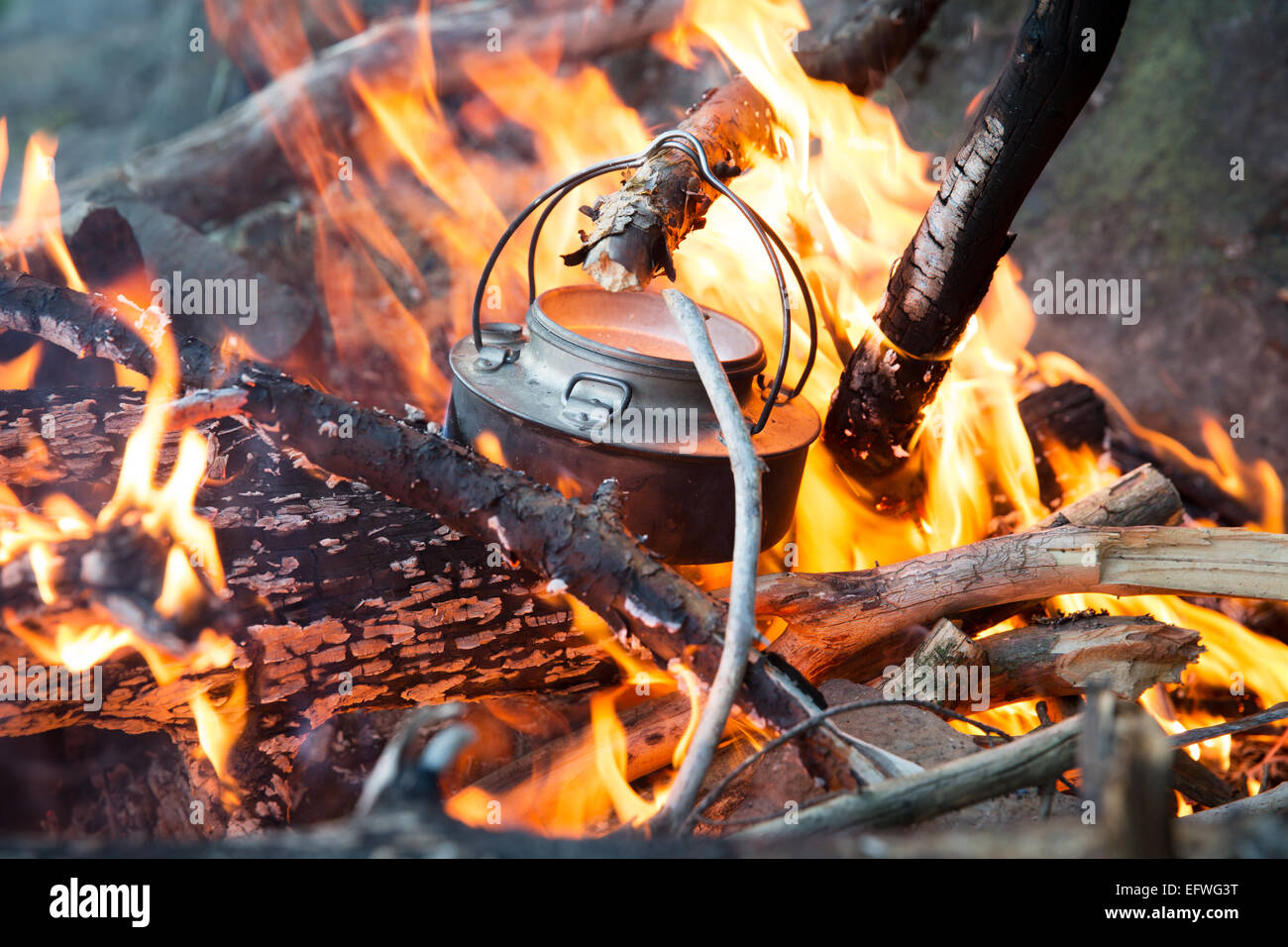 Making coffee on camp fire in the woods Stock Photo - Alamy