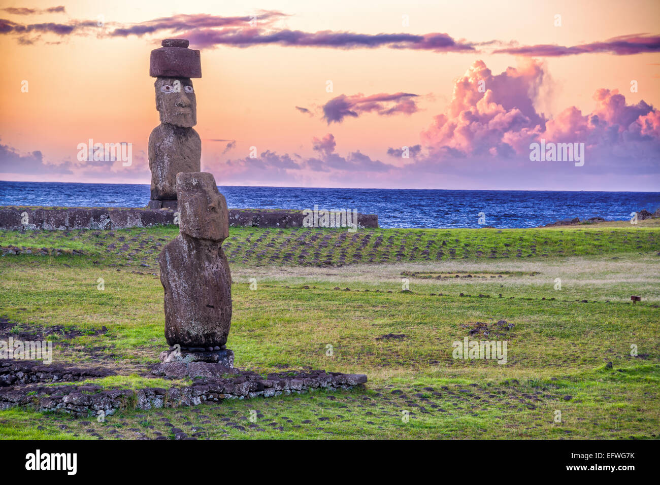 Two Moai statues on Easter Island with a purple sunset behind them ...