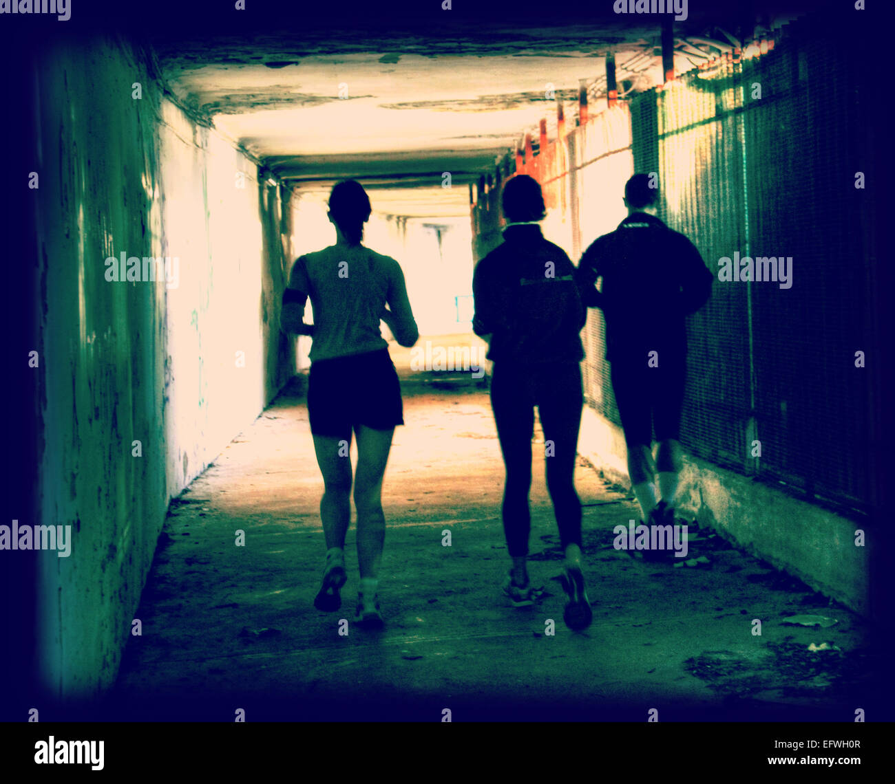 Morning jogging in town, three people silhouettes running in decading ...
