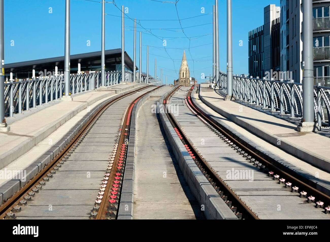 A view of the Nottingham express transit tram lines looking up the ...