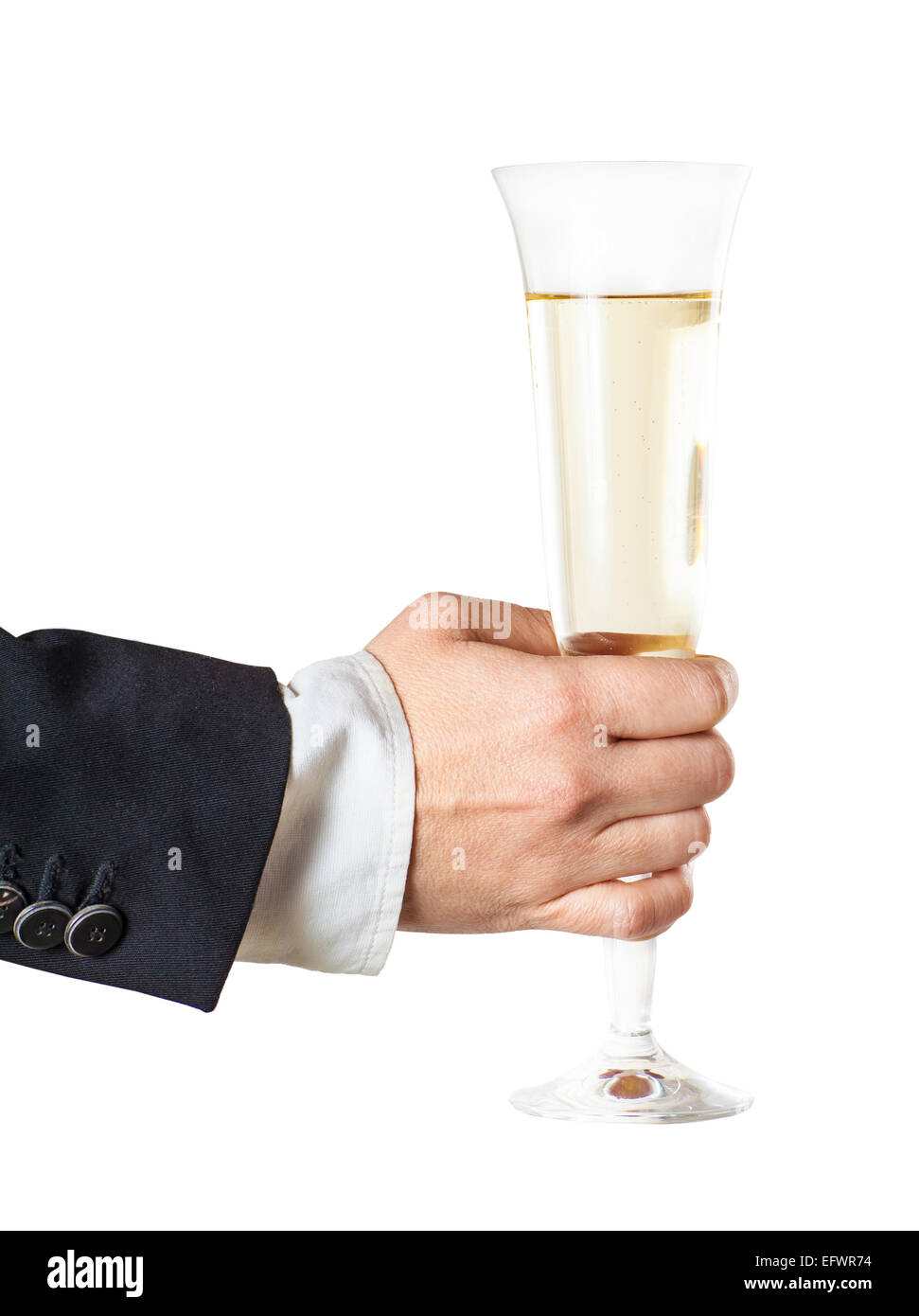 a glass of champagne in a female hand isolated on a white background ...