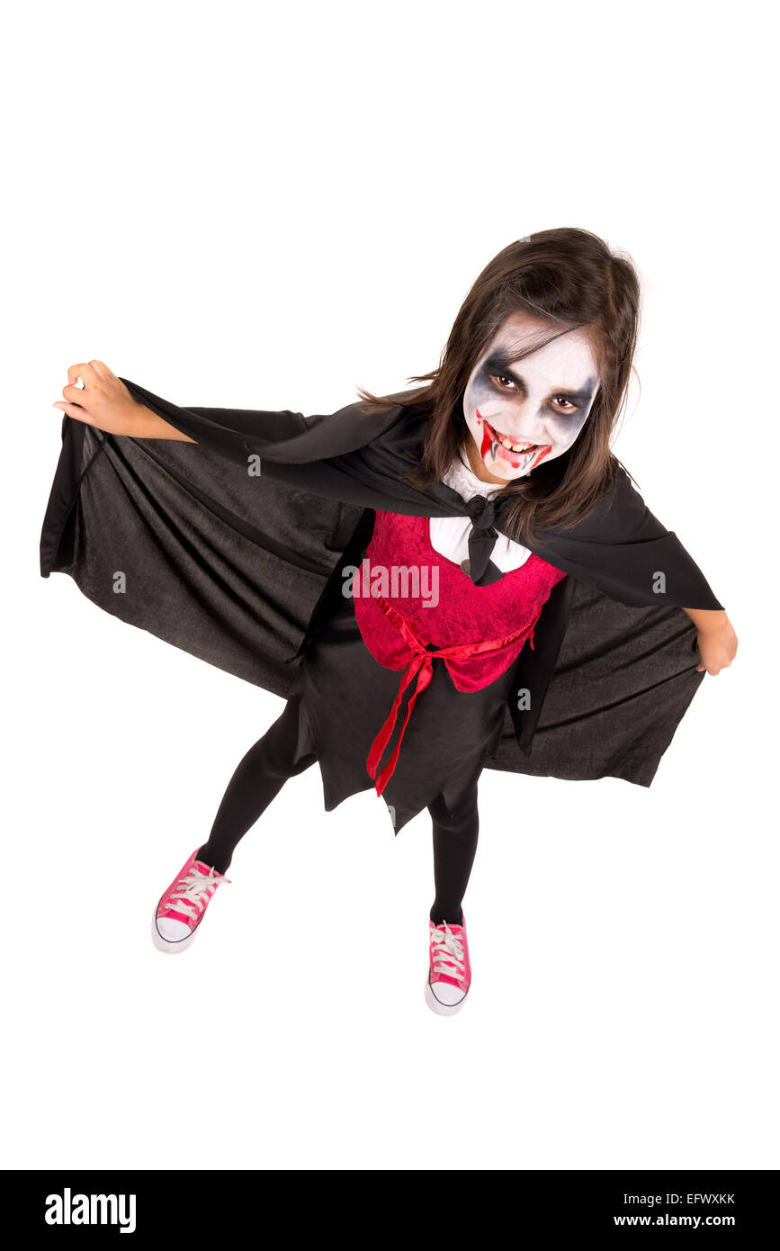 Girl with face-paint and Halloween vampire costume isolated in white ...