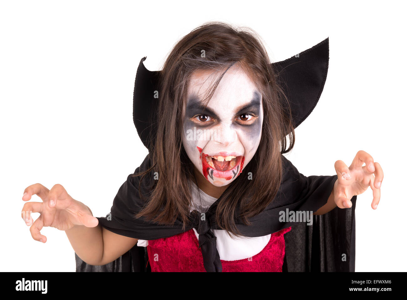 Girl with face-paint and Halloween vampire costume isolated in white ...
