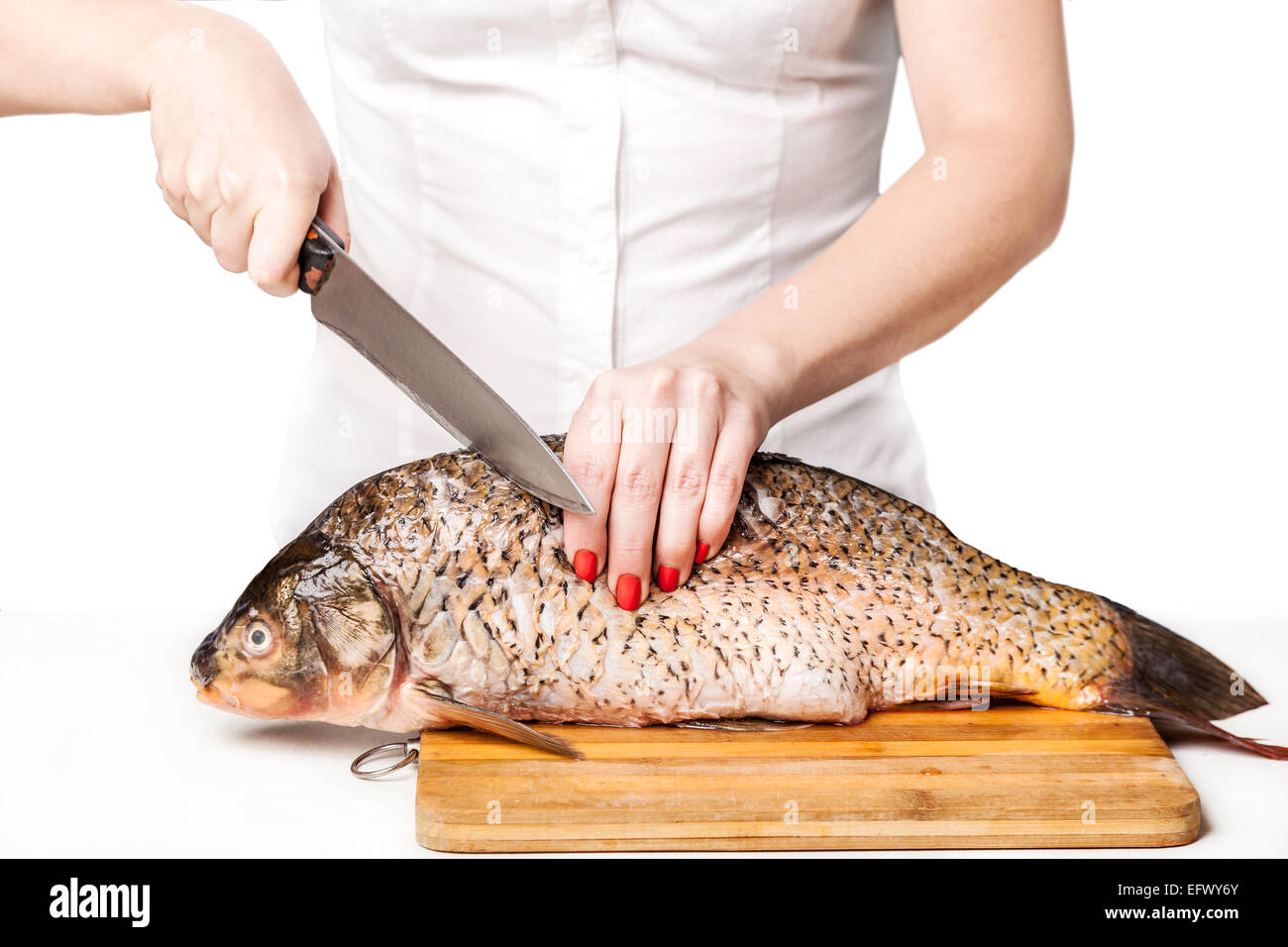 cook cut fish on the white isolated background Stock Photo - Alamy