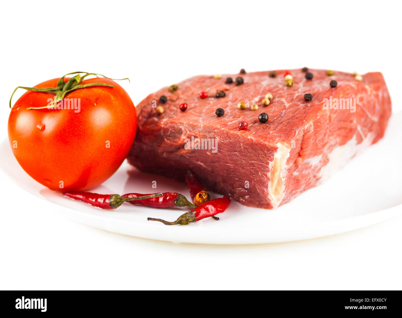 beef filet with spices on a plate, white background Stock Photo - Alamy