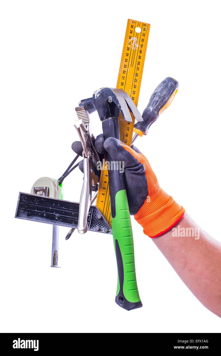 set of working tools in male hand isolated on white background Stock ...