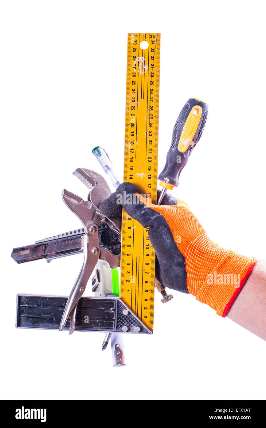 set of working tools in hand isolated on white background Stock Photo ...