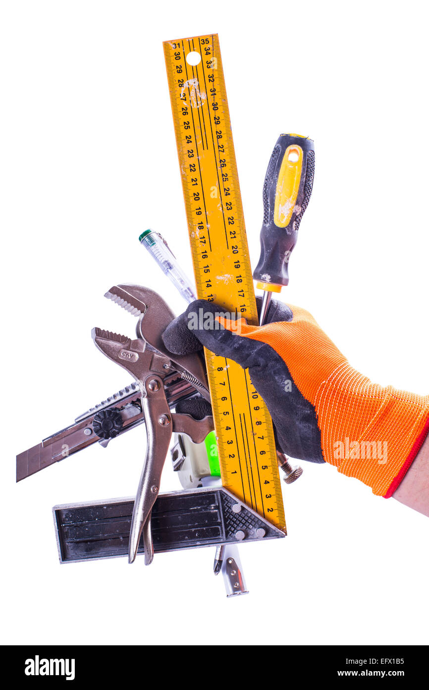 set of tools in male hand isolated on white background Stock Photo - Alamy