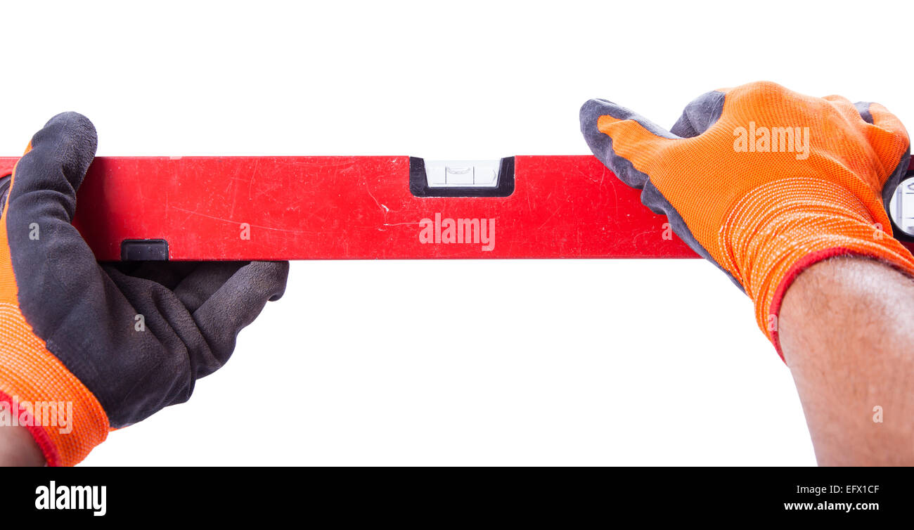 two male hands hold a level on a white background isolated Stock Photo ...