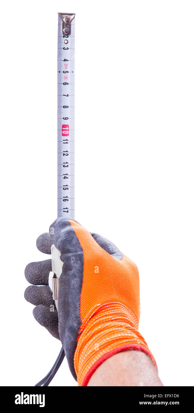 gloved hand holding measuring tape isolated on white background Stock ...