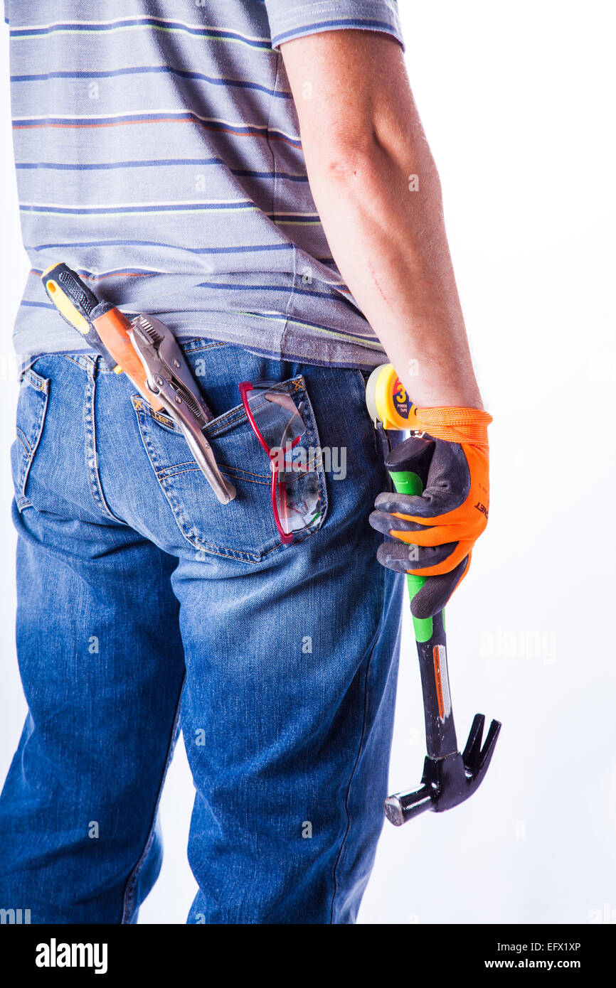 man's back with tools isolated white background Stock Photo - Alamy