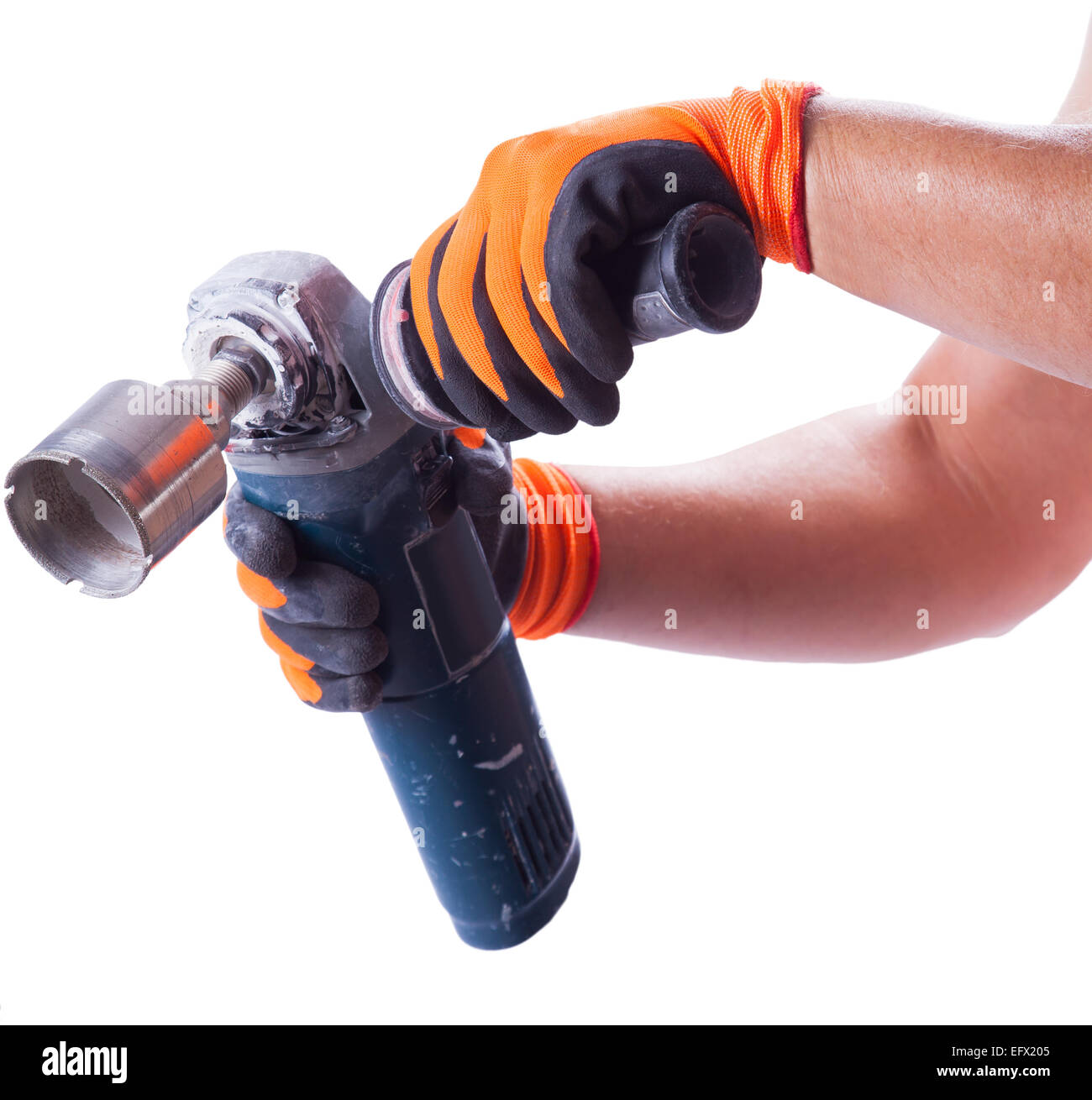 man holding a puncher isolated on white background Stock Photo - Alamy