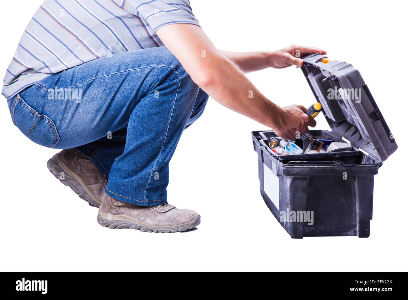 man with tool box isolated on white background Stock Photo - Alamy
