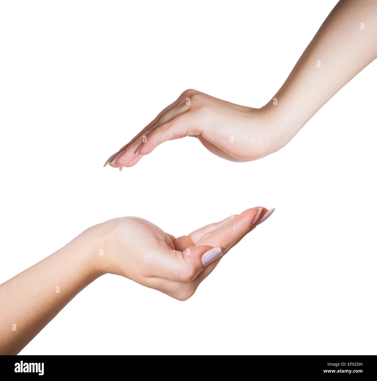hands one above the other isolated white background Stock Photo - Alamy