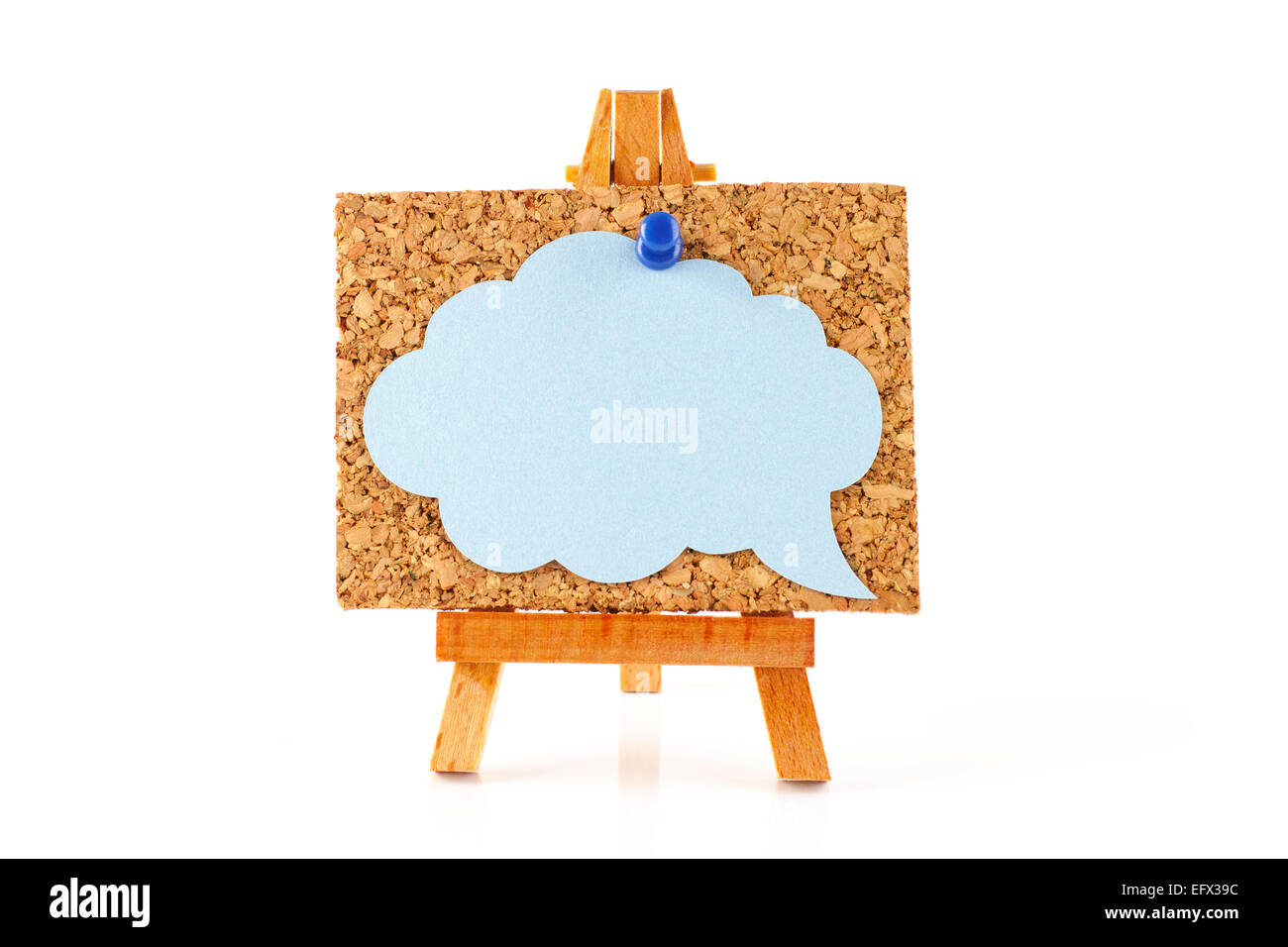 Wooden easel with cork board and blue speech bubble isolated on white ...