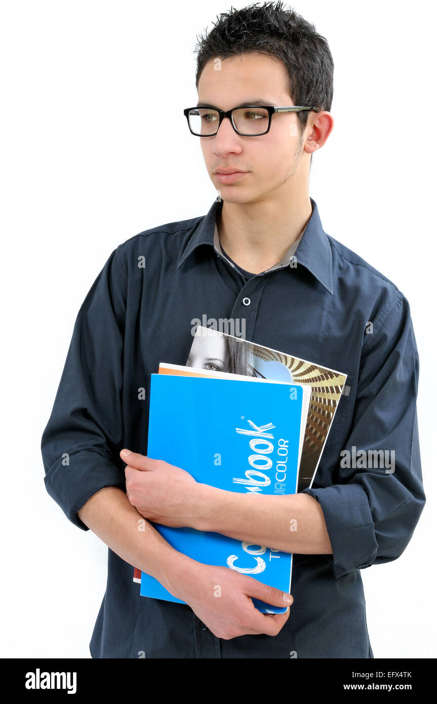 Student with notebooks and books photographed on white background Stock ...