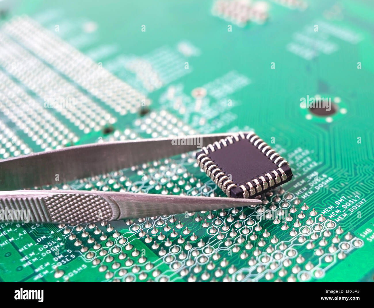 microchip in the tweezers on the background of the motherboard Stock ...