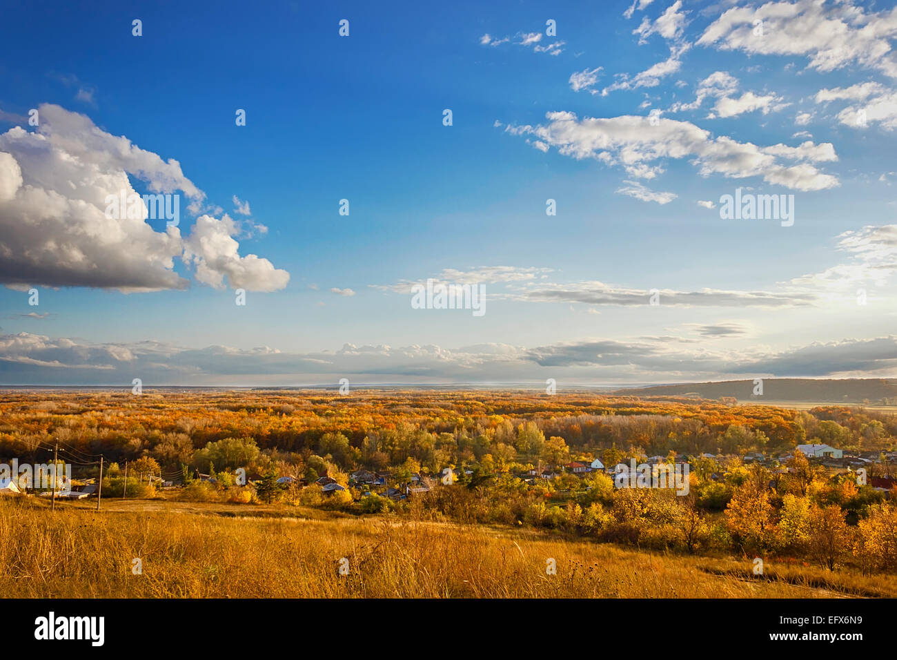 Russian village landscape autumn beautiful blue sky green grass Stock ...