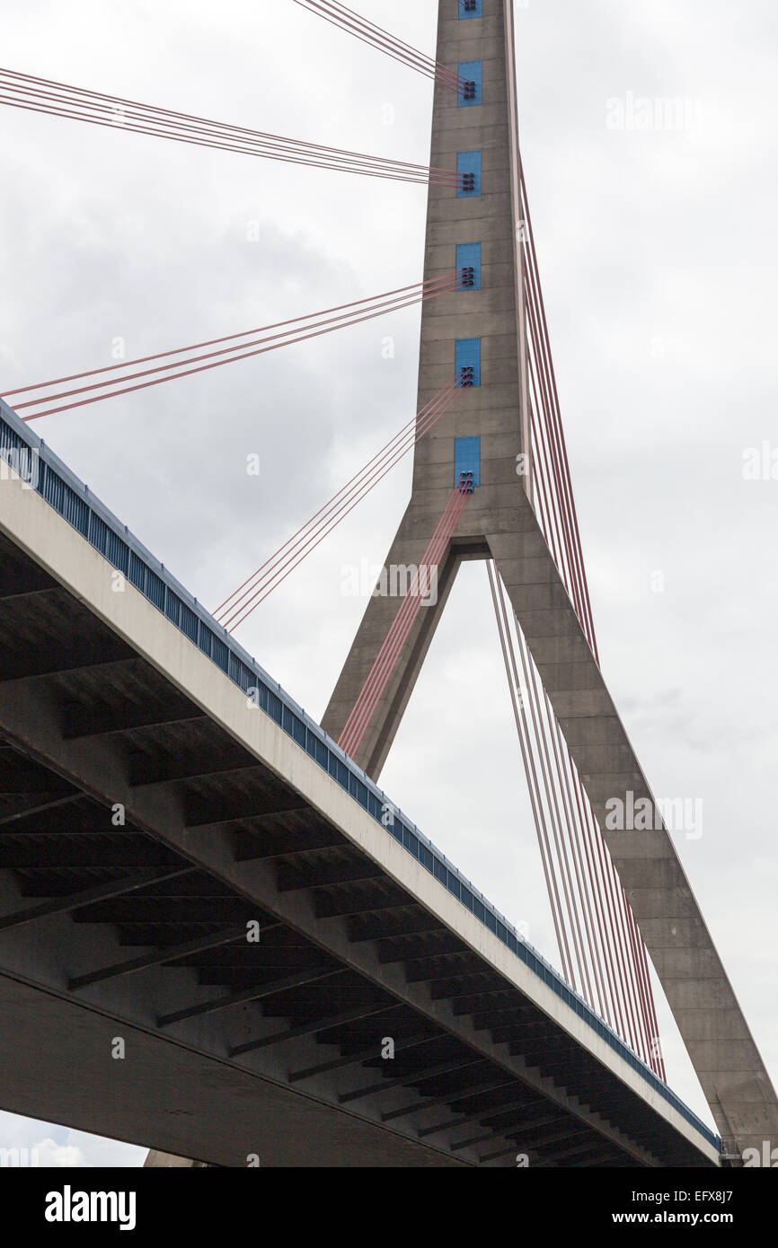 Single tower suspension bridge over Rhine River near Dusseldorf-Flehe ...