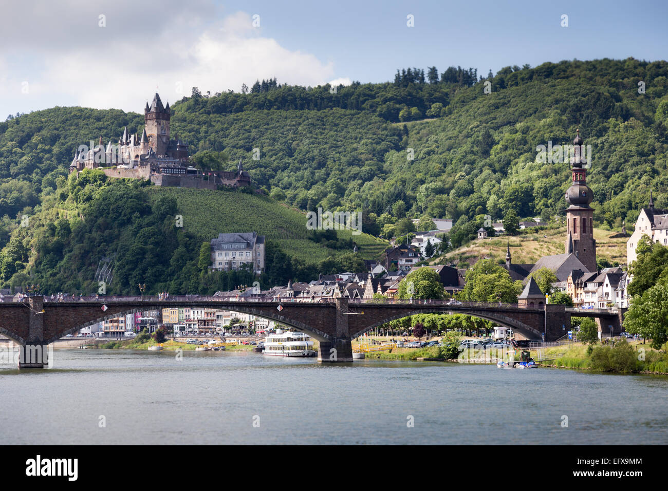 The historic city of Cochem on the Moselle river with Reichsburg castle ...