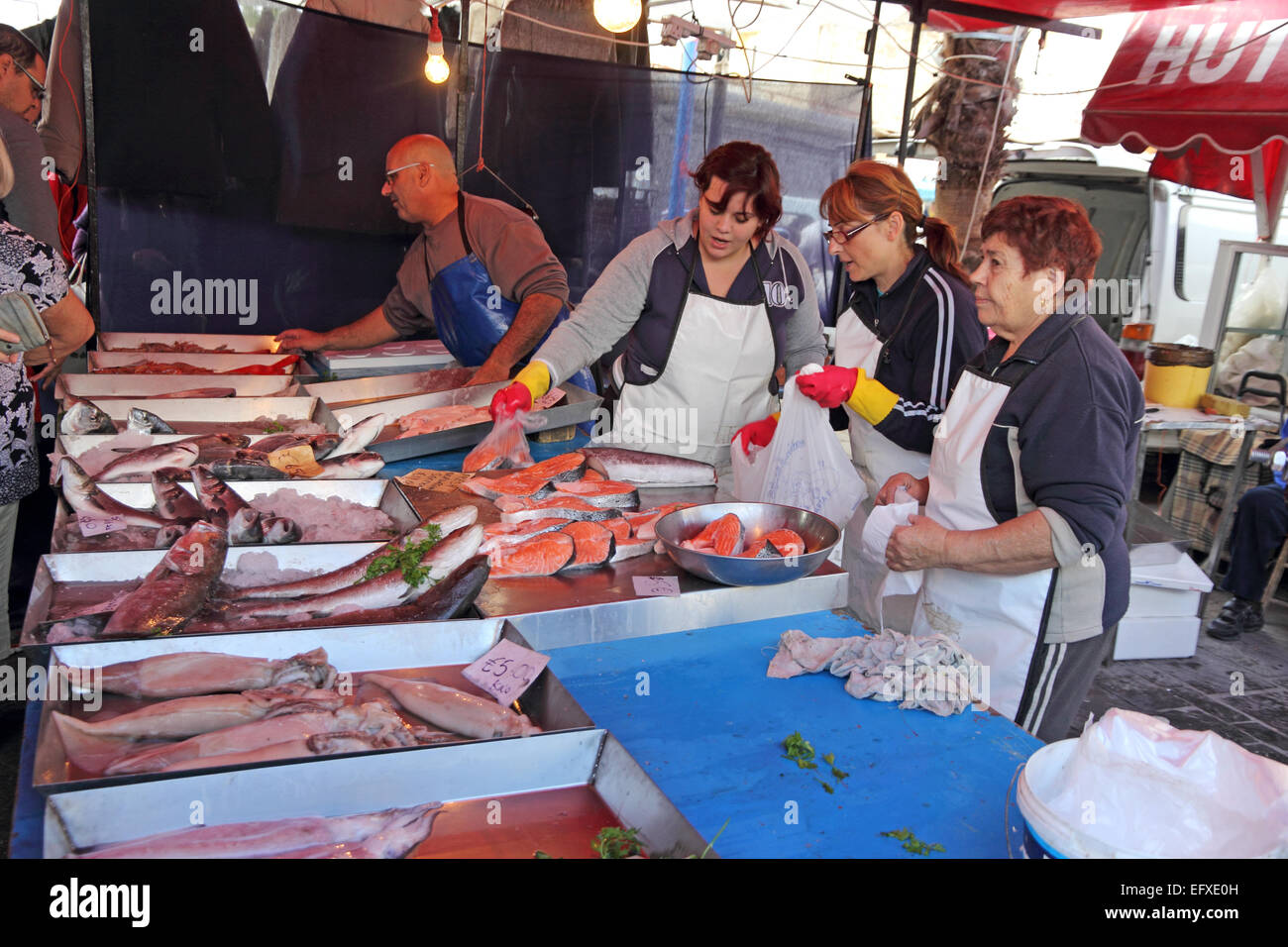 Market stall selling locally caught, fresh fish, Marsaxlokk, Malta ...