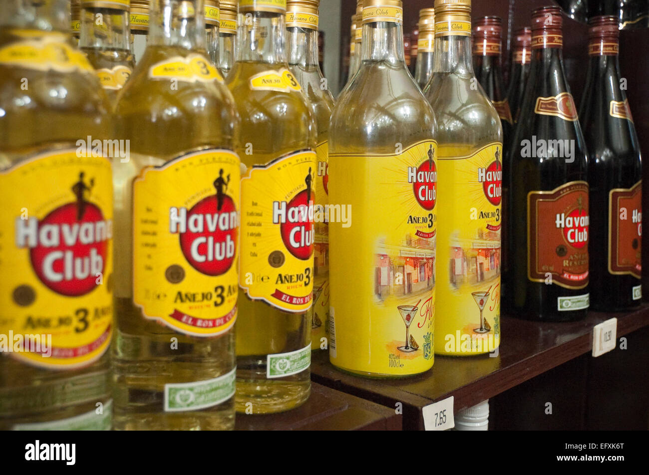 Horizontal close up view of bottles of Cuban rum for sale Stock Photo ...