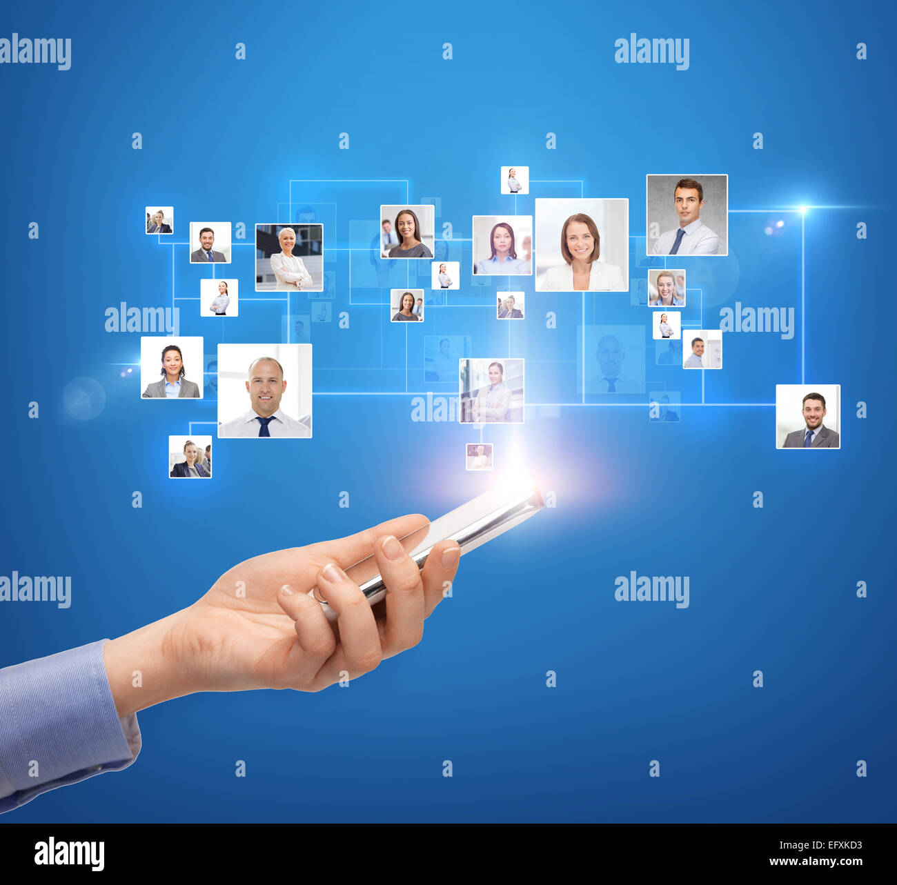 woman hand with smartphone over icons of contacts Stock Photo - Alamy