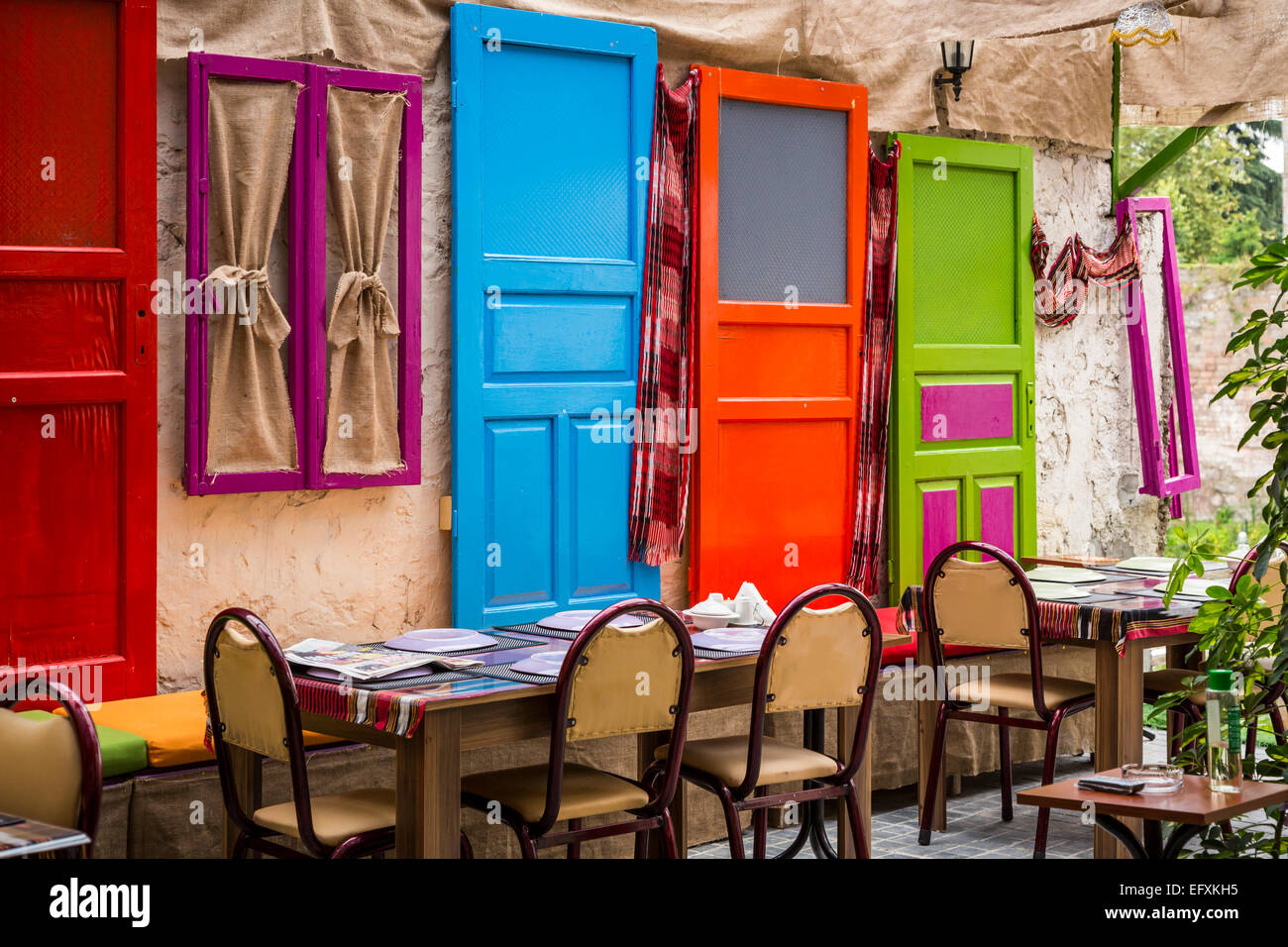 A colorful outdoor restaurant with tables and chairs in Trabzon, Turkey ...