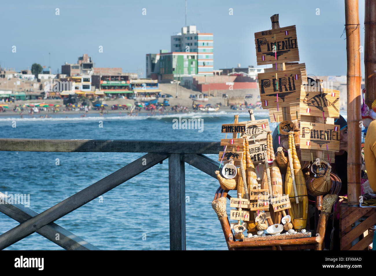 View of Pimentel Beach in northern Peru with Pimentel sign and ...